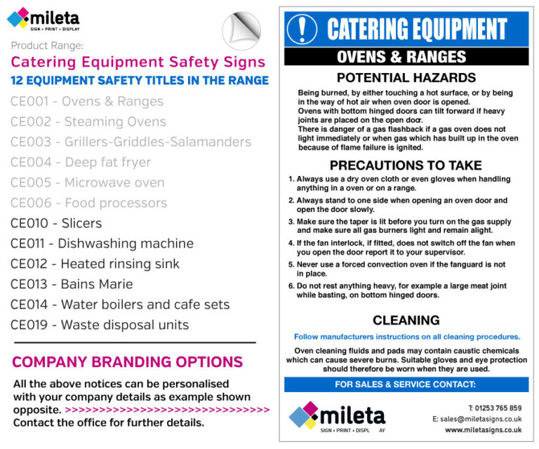 Catering equipment safety sign range | Mileta Signs And Displays Limited