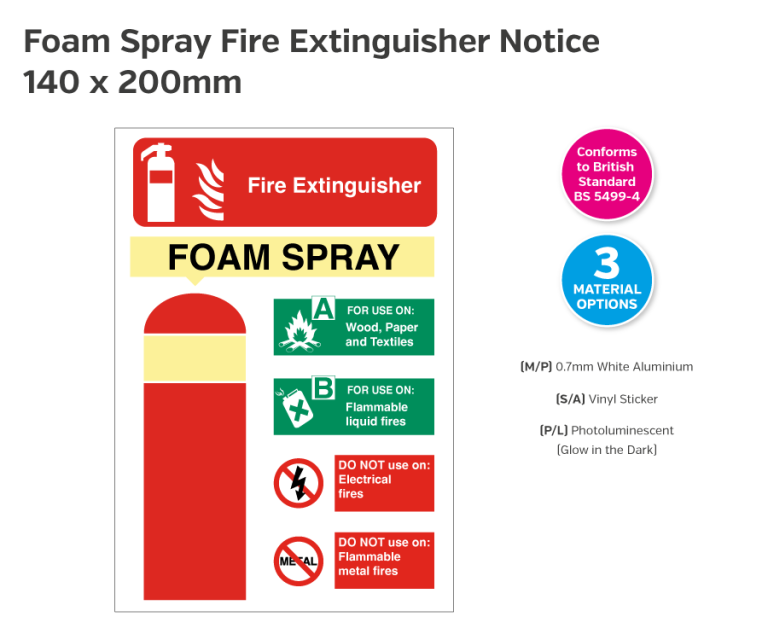 Foam Spray Fire Extinguisher Notice – 140 x 200mm - Mileta Signs and ...